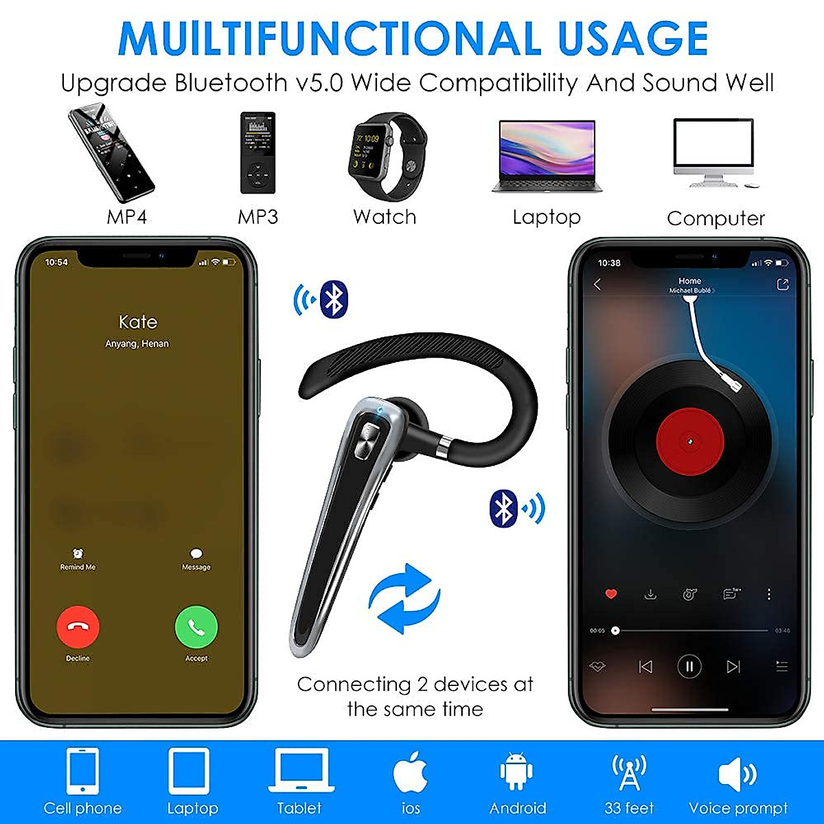 Bluetooth Headset V5.0, Talktime Bluetooth Earpiece CVC8.0 Noise Cancelling Wireless Headset Hands-Free with Microphone in Ear for iPhone Samsung and Android Cell Phones Laptop Truck Driver