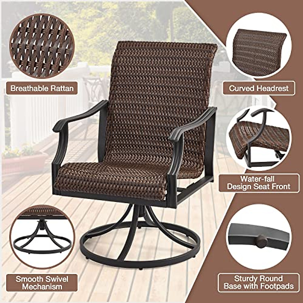 EROMMY Patio Wicker Swivel Chair Set of 2, Heavy Duty Outdoor Dining Chair with 23.5'' High Back, Extra-Large Water-Fall Seat, Rattan Porch Chair Gentle Rocker for Outside, Garden, Backyard, 2 PCS
