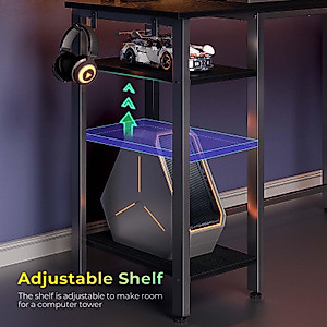 Rolanstar L Shaped Gaming Desk with LED Lights & Power Outlets, 56" Computer Desk with Full Monitor Stand & Storage Shelf, Corner Desk with Hooks, Black Desk Reversible