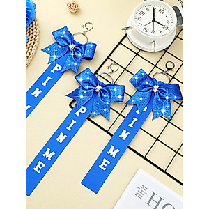 Landical 24 Pcs Cheer Pin Me Ribbon Cheer Keychain Cheer Ribbon Pins with Rhinestones Bow for Cheerleader Bag Backpack (Blue)