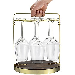 MyGift Modern Brass Metal & Burnt Wood Tabletop Stemware Holder Rack, Wine Glass Serving Caddy