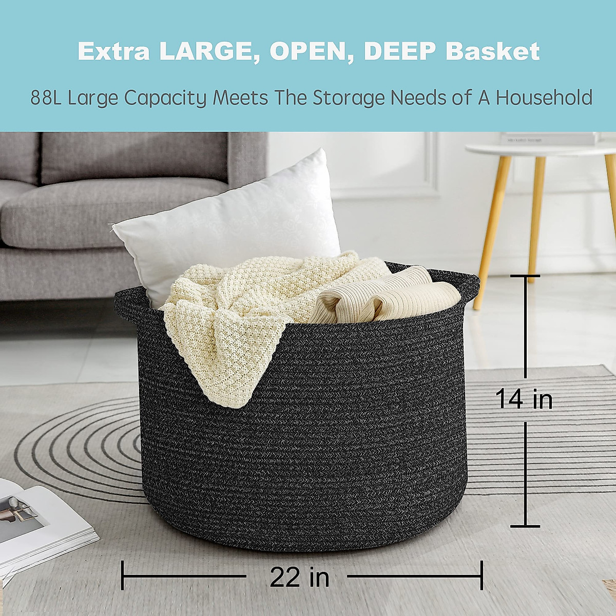 MEGASKET Large Black Blanket Basket, 22" X 22" X 14" Woven Rope Baskets for Storage, Kids Dog Toy Storage Baskets Organizer Bins, Blanket Storage for Living Room, Black Wicker Baskets for Organizing