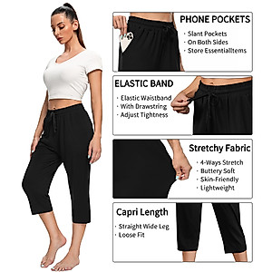 OLIKEME Workout Shorts Women's Capri Yoga Pants Loose Soft Drawstring High Waisted Sweatpants Causal Lounge Pants with Pockets Black