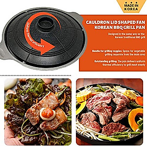 KD HOME Korean BBQ Grill with Drain, Traditional Cauldron Shaped Aluminum Gama Pot Lid Grill, Perfect for Grilling Vegetable Egg Port Beef Meat Garlic & More. Made in Korea, 11.5 inch