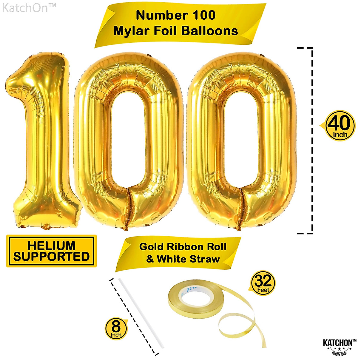 KatchOn, Gold 100 Balloon Number - 40 Inch | Gold 100 Balloons, 100th Birthday Decorations | 100K Balloons for Social Media | 100th Birthday Balloons | Gold 100 Birthday Party Supplies