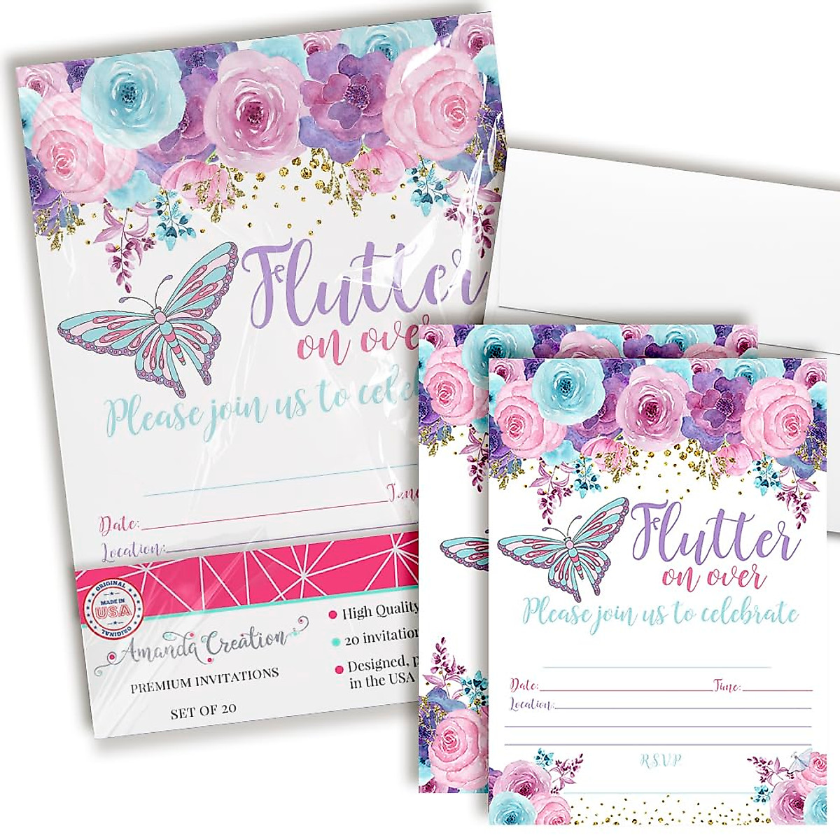 Amanda Creation Watercolor Floral Butterfly Birthday Party Fill In Style Invitations in pink, blue and purple. Set of 20 including envelopes