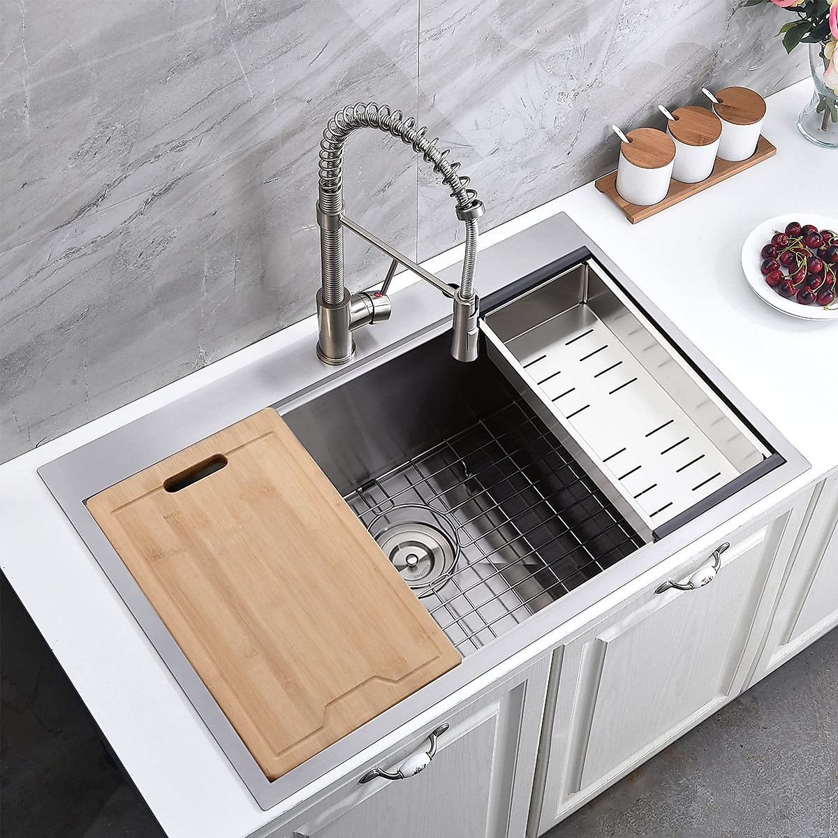 Friho 33"x 22" Inch Drop in Stainless Steel Kitchen Sink,Brushed Nickel Kitchen Sinks,Single Bowl Basin Handmade Topmount Kitchen Sink With Dish Grid,Dish Drainer,Cutting Board and Basket Strainer