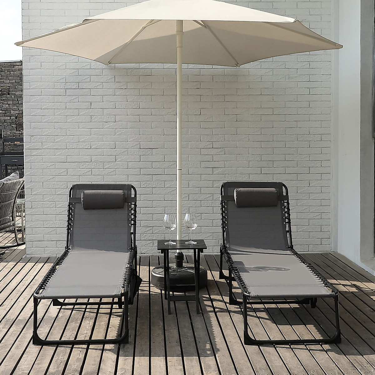 MUPATER 4-Fold Patio Chaise Lounge Chair for Outdoor with Detachable Pocket and Pillow, Portable Sun Lounger Recliner for Beach, Camping and Pool, Grey