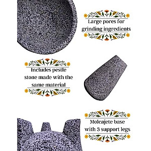 LINDO Brand 8.6 inch Molcajete Mortar and Pestle, Mexican Handmade with Lava Stone,Herb Bowl, Spice Grinder, Pill Crusher, Pesto Powder, Volcanic Stone