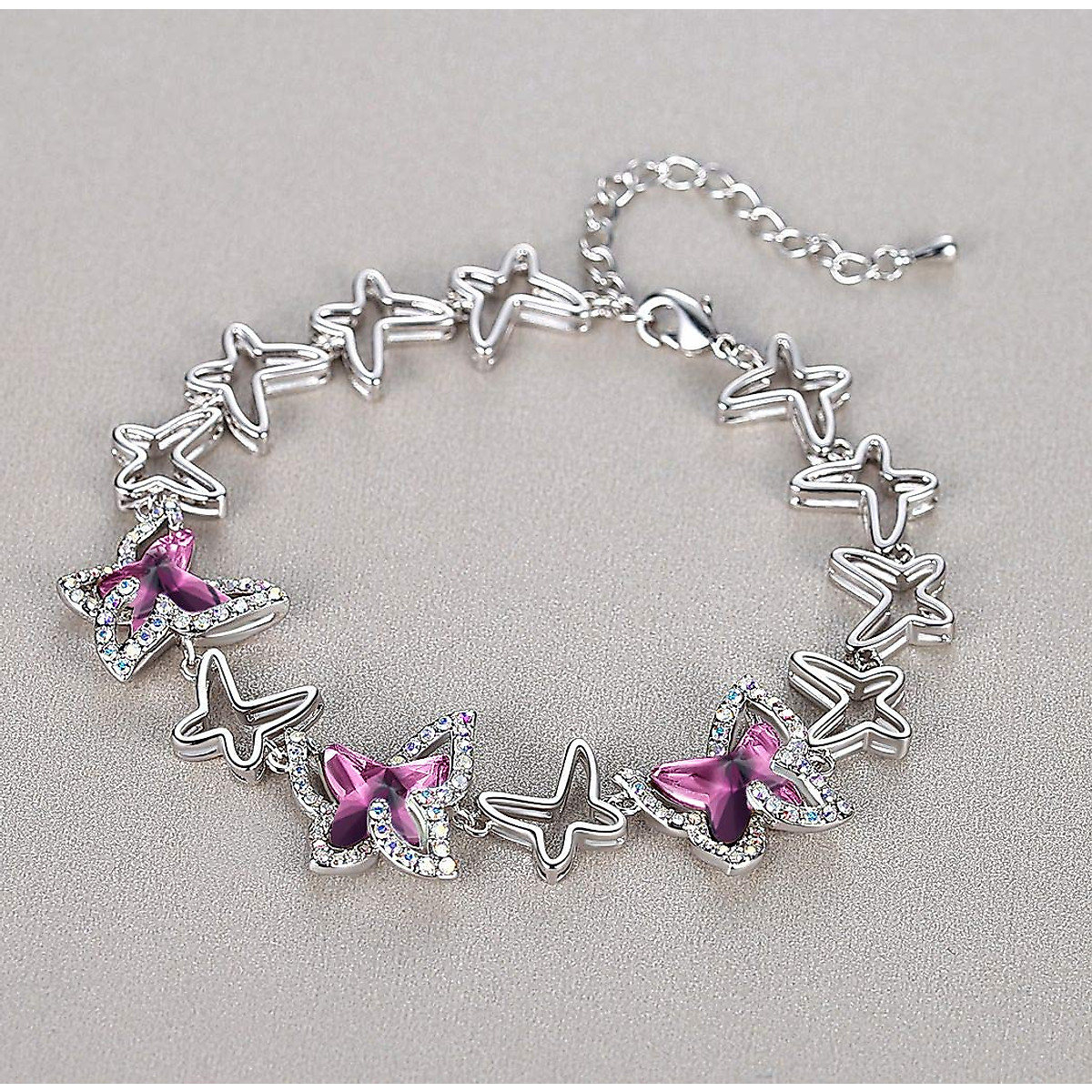 GEMMANCE Butterfly Link Charm Bracelet with Amethyst Pink Birthstone Crystal for February, Silver-Tone, 18”+2”Chain