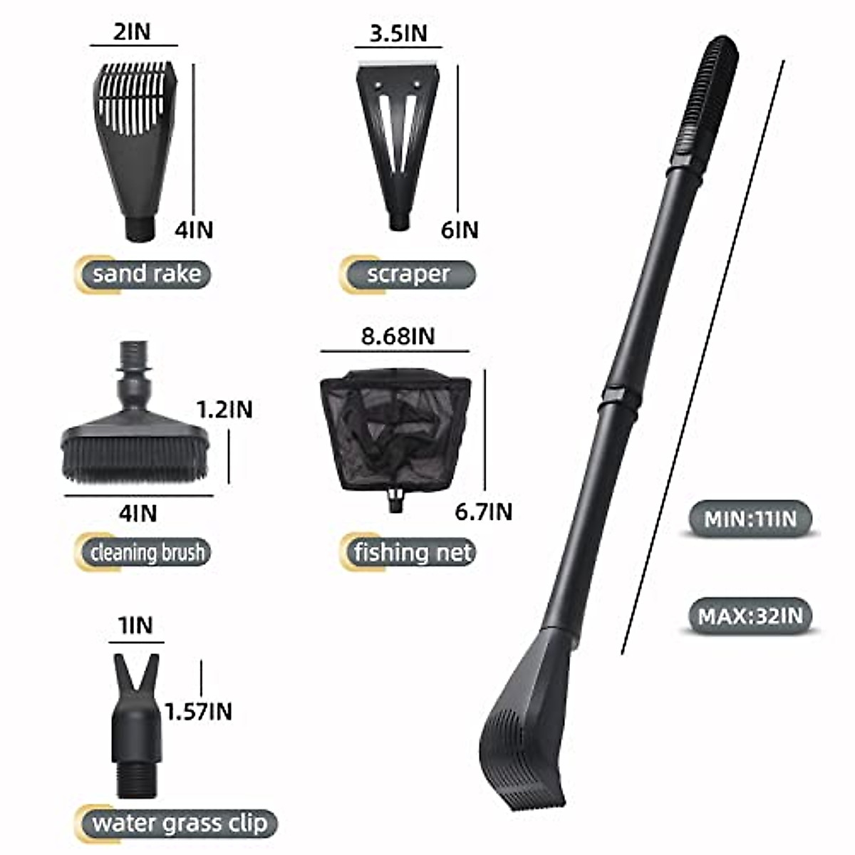 UPETTOOLS Fish Tank Cleaning Tools Upgraded 5-in-1 Aquarium Cleaner Kit Algae Scraper Scrubber Pad Adjustable Long Handle Fish Tank Brush Cleaner Set