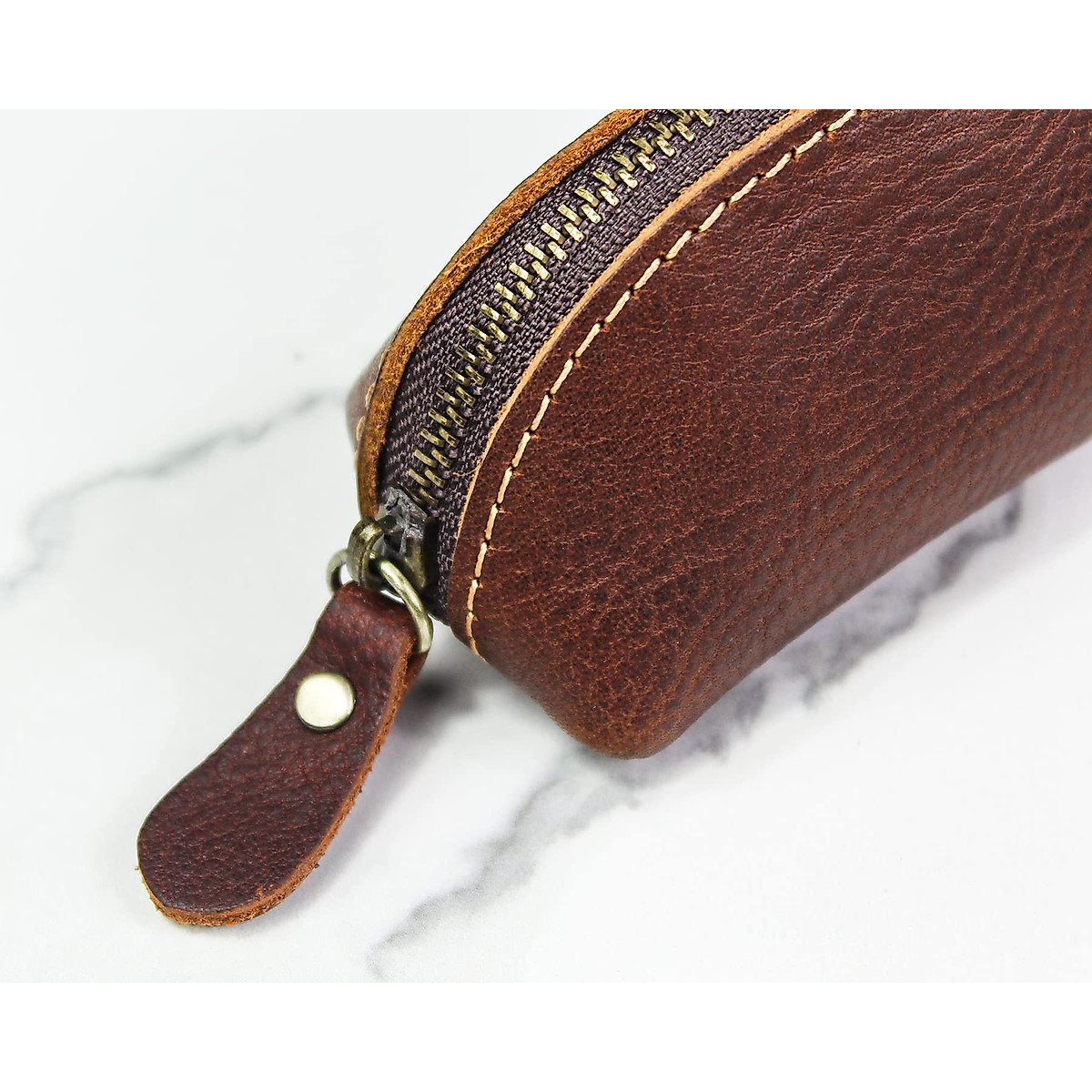 DK86 Leather Zipper Pen Case Pouch Holder Bag - Small Travel Makeup Cosmetic Bag (Full Grain Leather - brown)
