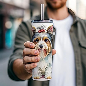 Biewer Terrier Dog Watercolor Style Skinny Tumbler 20oz with Straw Insulated Water Bottle Gift