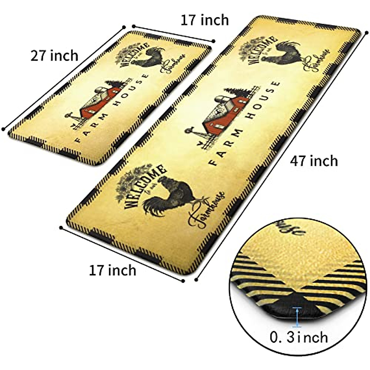 Kitchen Mat Set of 2 Farmhouse Anti Fatigue Floor Mat,Rooster Buffalo Plaid Sunflowers Kitchen Rug Sets PVC Leather Waterproof & Non-Slip Comfort Standing Mats for Kitchen,Sink,Office,Laundry