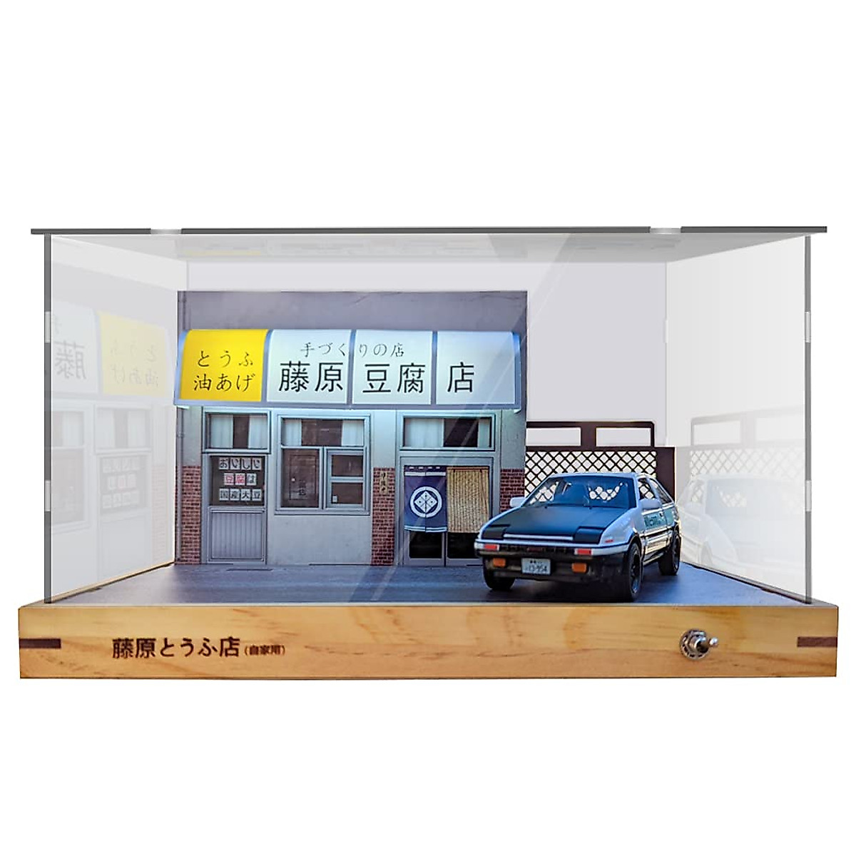 Lonyiabbi 1/32 Scale LED Fujiwara Toufu Store Scene Model Car Acrylic Display Case with AE86 Diecast Car Model JDM Car Model Display Box