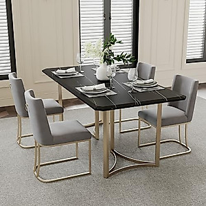 Maotifeys Modern Marble Dining Table,71" Rectangle Black Faux Marble Top Dining Table with Brushed Metal Pedestal Base,Kitchen Table for 6-8 Person Dinner Table for Dining Room,Living Room,Home Office