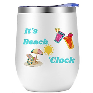 Lovely shape, White, It's Beach O 'Clock 3D UV Color Printing, Beach Accesories, Wine Tumbler Double Wall Stainless Steel Insulated 12oz, Durable Coffee Mug, Cocktail, Beer, Office (white)