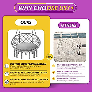 Patio Watcher Hammock Chair Hanging Macrame Swing with Cushion and Hardware Kits, Max 330 Lbs, Handmade Knitted Mesh Rope Swing Chair for Indoor, Outdoor, Bedroom, Patio, Yard, Deck, Garden, Gray
