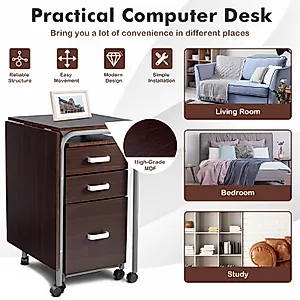 Foldable Computer Laptop Desk w/ 3 Drawers, Wheeled Laptop Desk with Metal Frame, Space Saving Folding Desk with Rolling Wheels for Home Office Small Space (Brown)