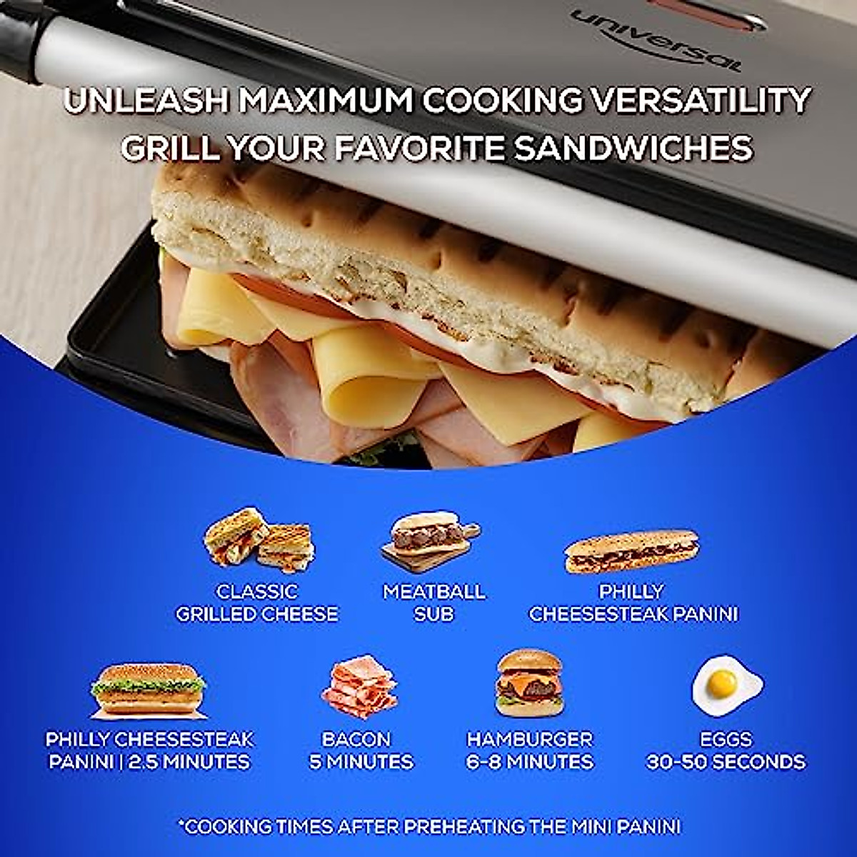 Universal Mini Panini Press 850W, Breakfast Sandwich Maker, Mini Grill, Non-Stick 9"x6" Grids | Fit Food of Up to 2" Thick, Perfect for Grilled Cheese, Panini, Burgers, Sausages, and Vegetables