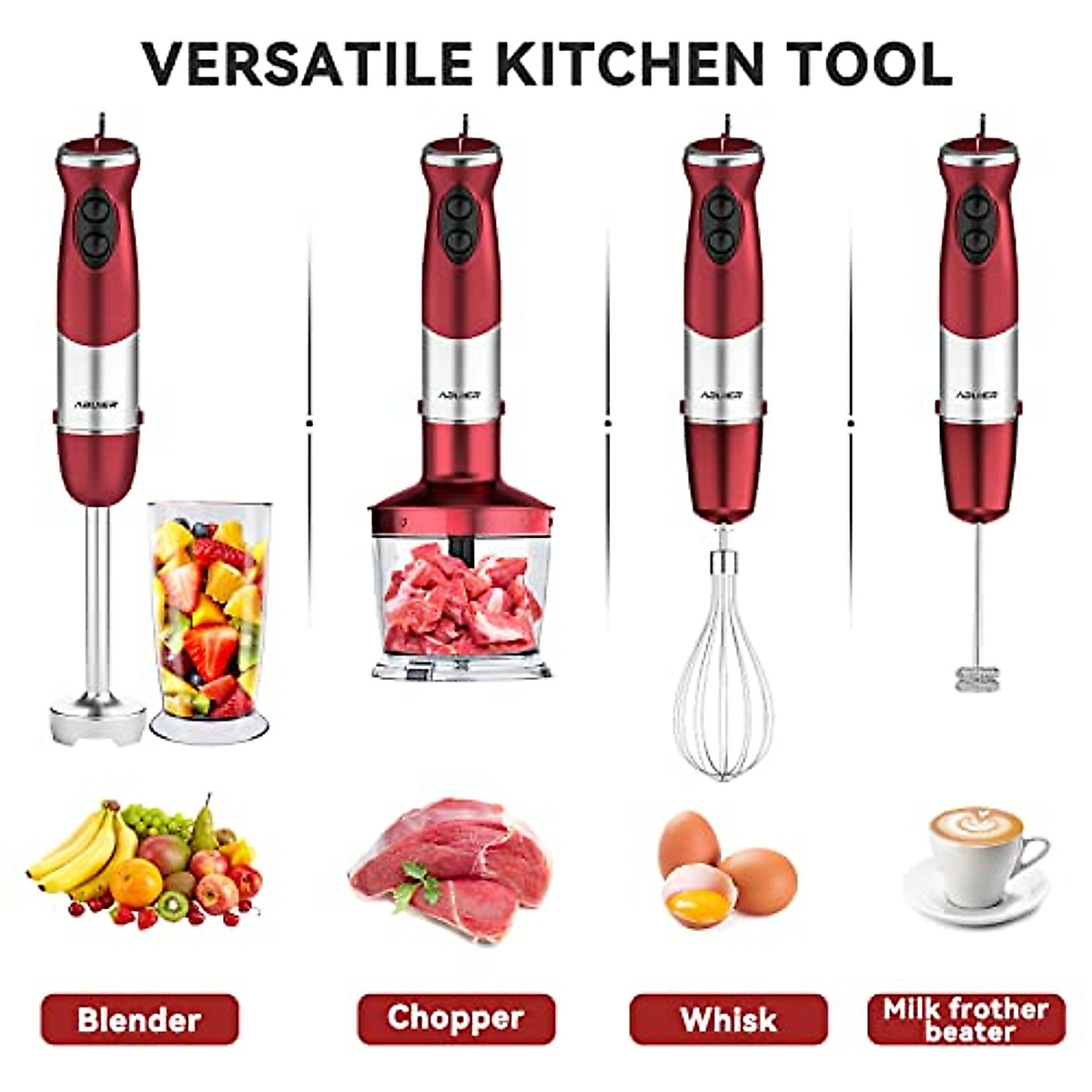 Immersion Blender Hand Blender, Abuler 800W Hand Mixer Stick, 5-in-1, 12 Speed BPA-Free Stick Blender 304 Stainless Steel, Chopper, Whisk, Milk Frother, Beaker, Smoothies, Milkshake, Purée Baby Food, Sauce, Dips, Mayo