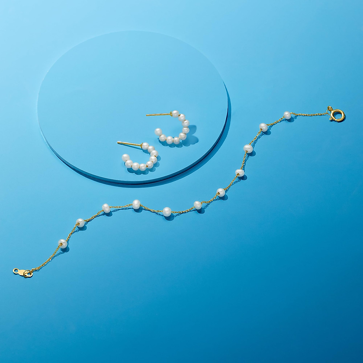 RS Pure by Ross-Simons 3-3.5mm Cultured Pearl Station Bracelet in 14kt Yellow Gold. 7 inches