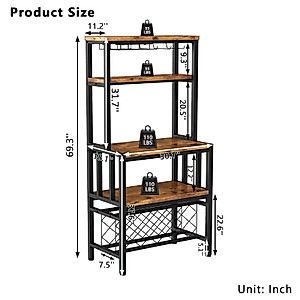 Recaceik Wine Rack Freestanding Floor, Kitchen Organizers and Storage with Wine Bottle Holder Glass Holder, Multi-Function Bakers Rack Home Coffee Wine Bar Cabinet, Rustic Brown