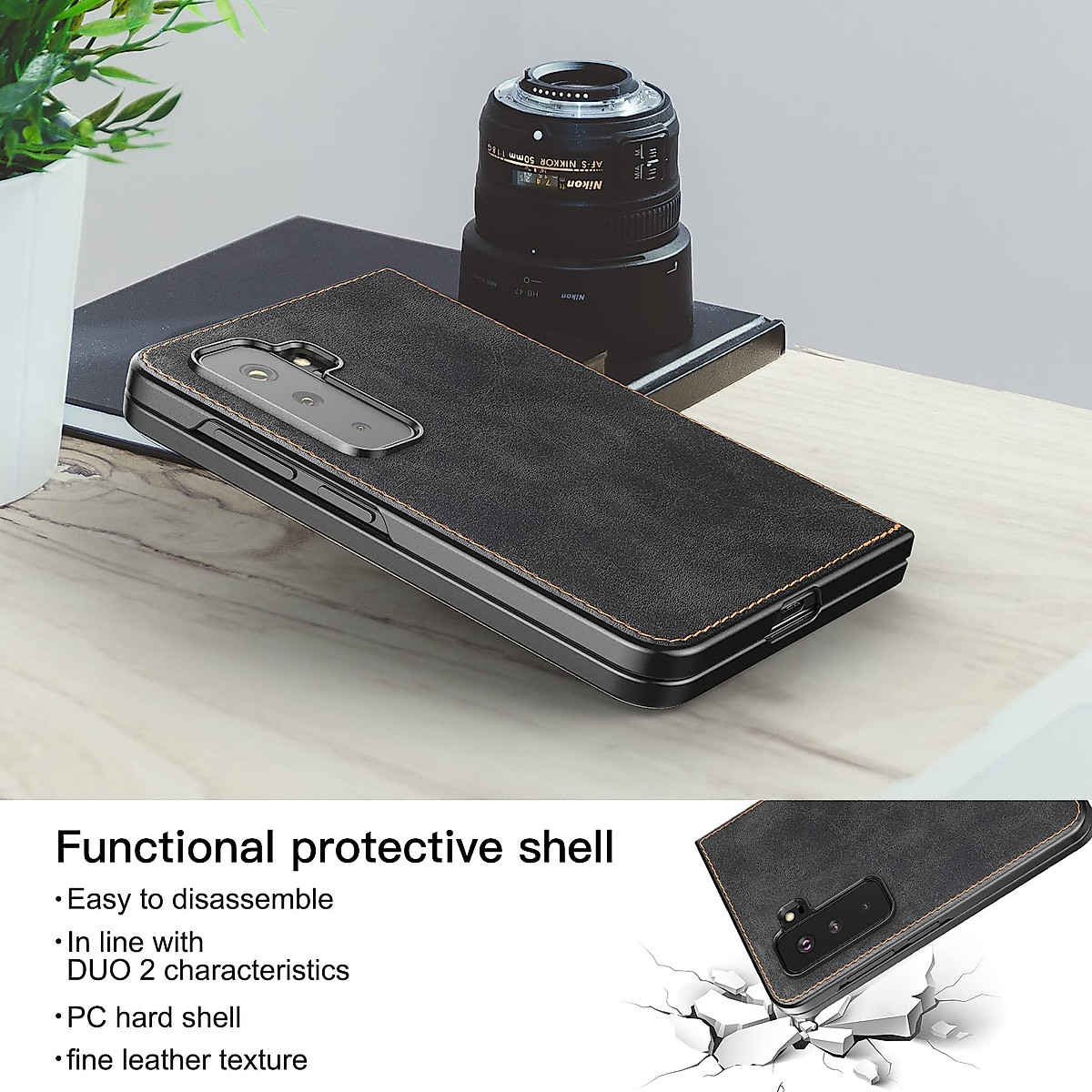 Foluu for Microsoft Surface Duo 2 Case, Surface Duo 2 Leather Case with Hand Strap, [Slim & Lightweight] PU Leather Back Cover Hard PC Holder Protective Phone Case for Microsoft Surface Duo 2 (Black)