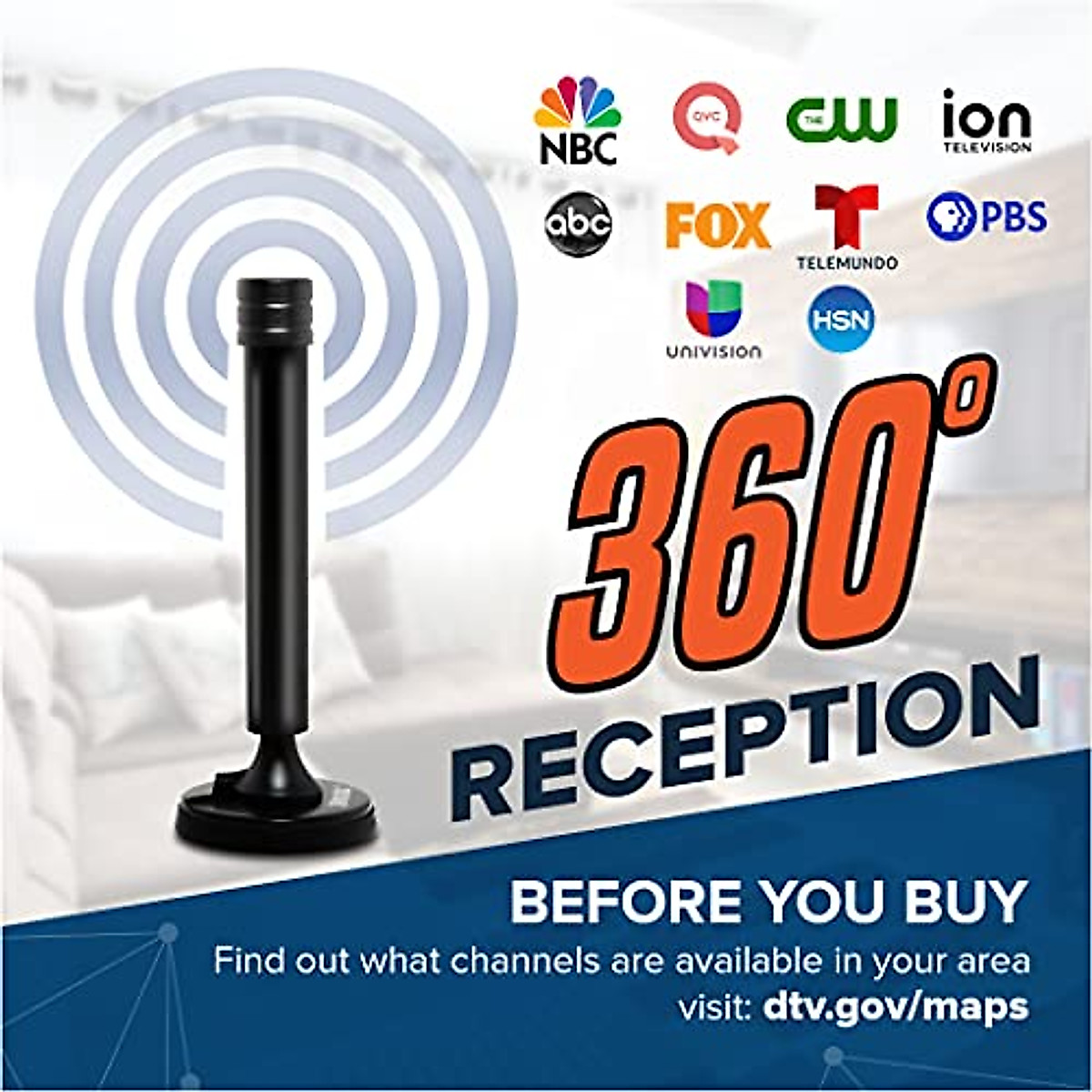 Gray HDTV Antenna - 7.5” Antenna w/ 360 Degree Reception for Signals 40 Miles Away - 2.5” Magnetic Base and 10’ Coaxial Cable - Great for Portable Use - Compatible w/ 1080P and 4K Smart TVs