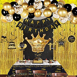 Black and Gold Birthday Party Decorations, Black Gold Balloon Garland Arch Kit with Happy Birthday Backdrop Hanging Swirls Foil Balloons for Men Women Birthday Party Decorations Supplies