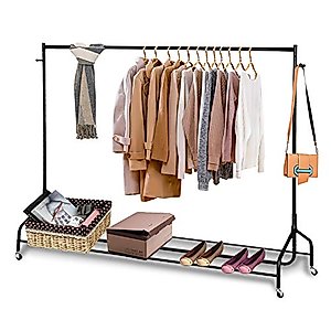 Metal Rolling Clothing Rack on Wheels, Heavy-Duty Garment Rack Free Standing Single Rail Clothing Rack with Top Rod Bag Hook & Bottom Shelf for Bedroom Dressing Room Store, Capacity 220lbs, Black