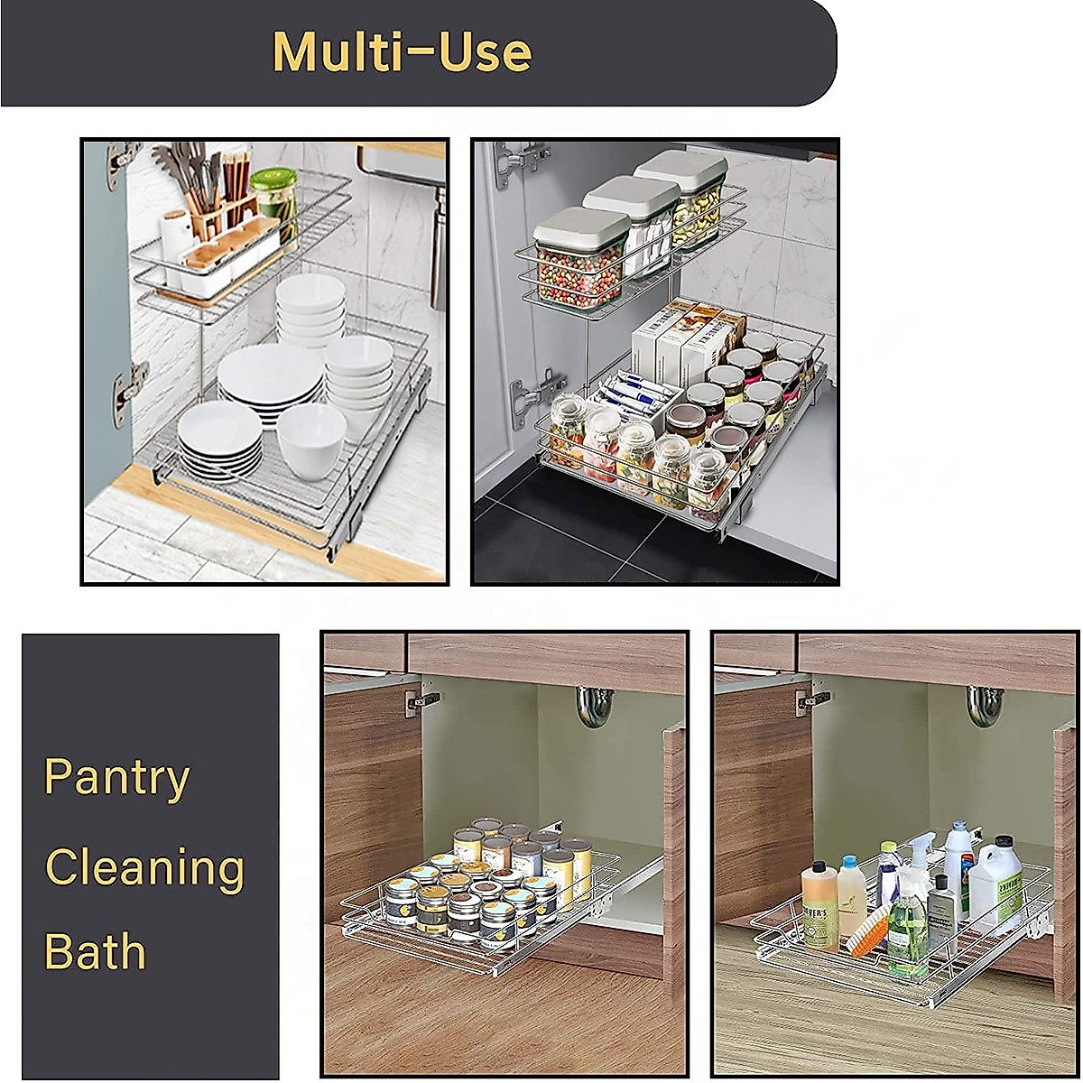 AHNR Pull Out Cabinet Organizer, 2-Tier Under Sink Slide Out Cabinet Storage Shelf + 1-Tier Heavy Duty Slide Out Pantry Shelves