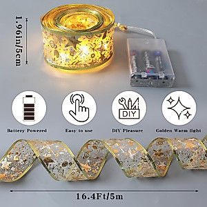 ruhotili Christmas Decorations, 33Ft/ 2Pcs Gloden Fairy Lights Battery Operated String Lights Copper Wire Ribbon Bows Christmas Lights with 20 Pcs Cute Christmas Ornaments & Christmas Decor for Party