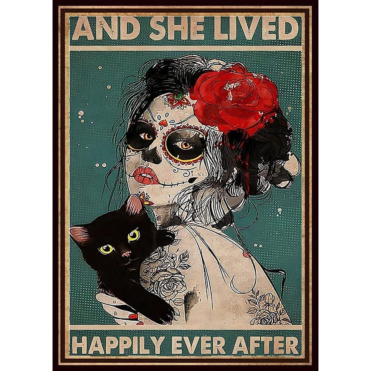 EYSL and She Lived Happily Ever After Metal Tin Sign Cat Print Wicked Witch Halloween Witch Metal Tin Sign Sugar Skull Canvas Print Framed Metal Tin Sign Art Metal Tin Sign 8x12 Inch