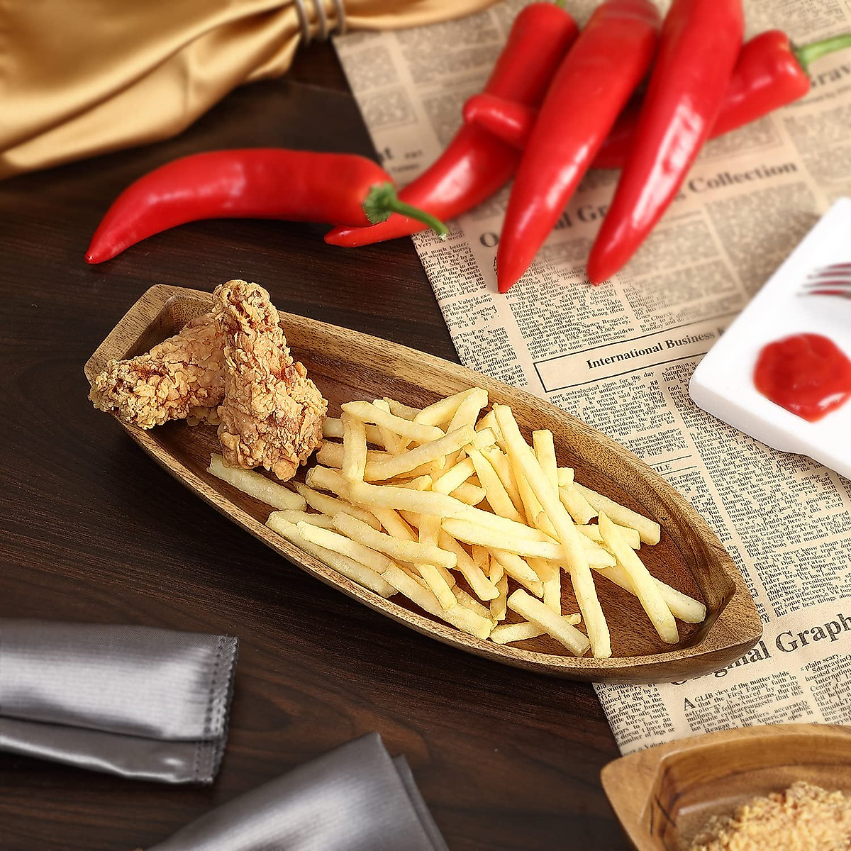 C-JOY WOOD Lucky Boat Wooden Tray, Acacia Decorative Bowl for Serving Candy Cookie Desserts Fruits or Accent Artwork , Functional & Collectible Platter, L 11.7''x W 4.72''x H 1.77'' Inches