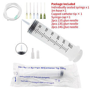 1pcs 300ml Large Syringes with Tube for Liquid Plastic syringes with 1.0m hose glue needle and tip cap for glue dispensing, garden watering, inking, refilling, and measuring (1set 300ml Syringe)