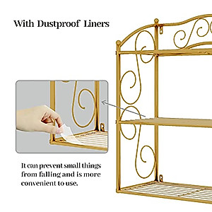 YADOOLIFE Metal Wire Wall Shelf Unit, 3-Tier Wall Mounted Gold Floating Shelves with Liners, Hanging/Standing Storage Shelving Rack for Pantry Bathroom Office Home Organization