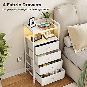 Kitstorack Night Stand with Charger Station and LED Light White Nightstand with Drawers Bedside Table Tall Nightstand 4 Fabric Drawers