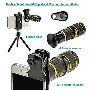 Godefa Cell Phone Camera Lens with Tripod+ Shutter Remote,6 in 1 18x Telephoto Zoom Lens/Wide Angle/Macro/Fisheye/Kaleidoscope/CPL, Clip-On lense Compatible for iPhone X 8 7 6s Plus, Samsung and More