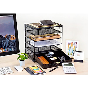CAXXA 5 Tier Mesh Letter Tray, Desk File Organizer, Desktop Paper Tray Holder with Drawer, Black