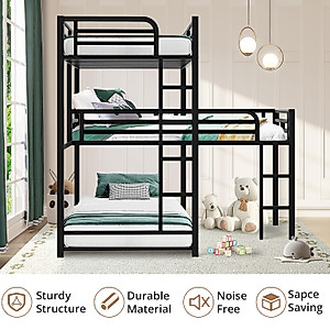 INCLAKE Metal Triple Bunk Bed, L-Shaped Bunk Bed for 3, Twin Size Bunk Bed Frame with Full-Length Guardrails & Long & Short Ladders, Space Saving Bunk Bed for Children, No Box Spring Needed, Black