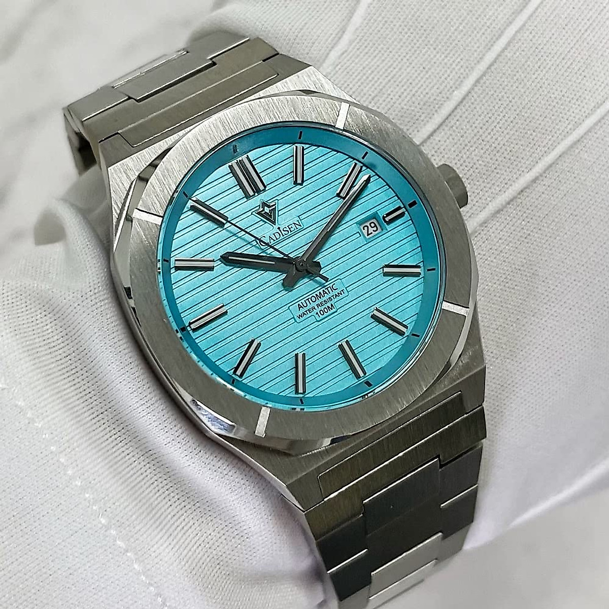 CADISEN Design Men Watches Mechanical Automatic Watch 100M Waterproof Brand Luxury Wristwatch (Light Blue)