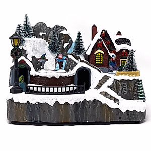 allgala Crafted Polyresin Christmas House Collectable Figurine with USB and Battery Dual Power Source-Moving Train and Skaters-XH93445