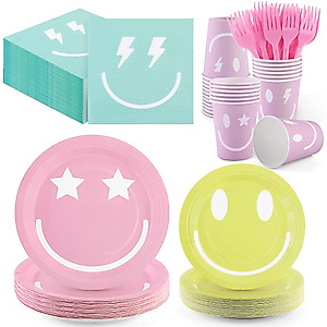 durony 144 Pieces Preppy Smile Face Party Tableware Set Party Decorations Include Smile Face Paper Plates Napkins Cups and Forks for Preppy Birthday Party Baby Shower Decor, Serve 24 Guest