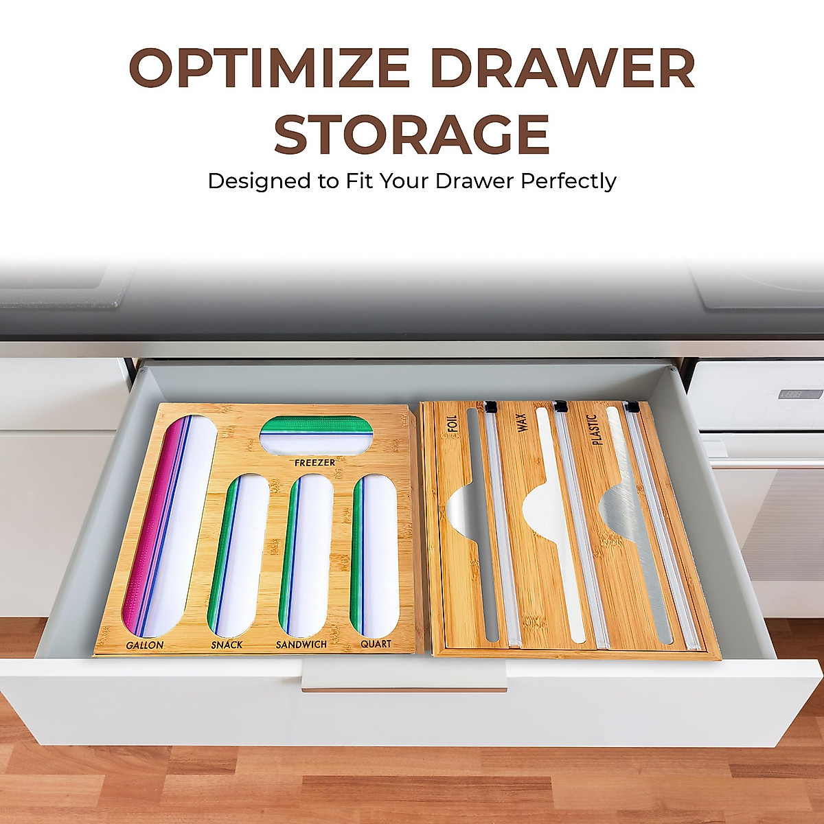 PANDAWOOD 8 IN 1 Storage Bag Organizer for Kitchen Drawer - Bamboo Plastic Bag Organizer - Foil Plastic Wrap Organizer Dispenser with Cutter - Baggie Organizer for Drawer - Sandwich Bag Organizer