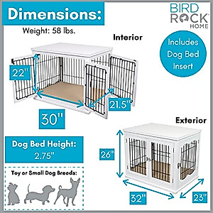 BIRDROCK HOME Decorative Dog Kennel with Pet Bed for Small Dogs - White - Double Door - Wooden Wire Dog House - Indoor Pet Dog Crate Side Table - Bed Nightstand