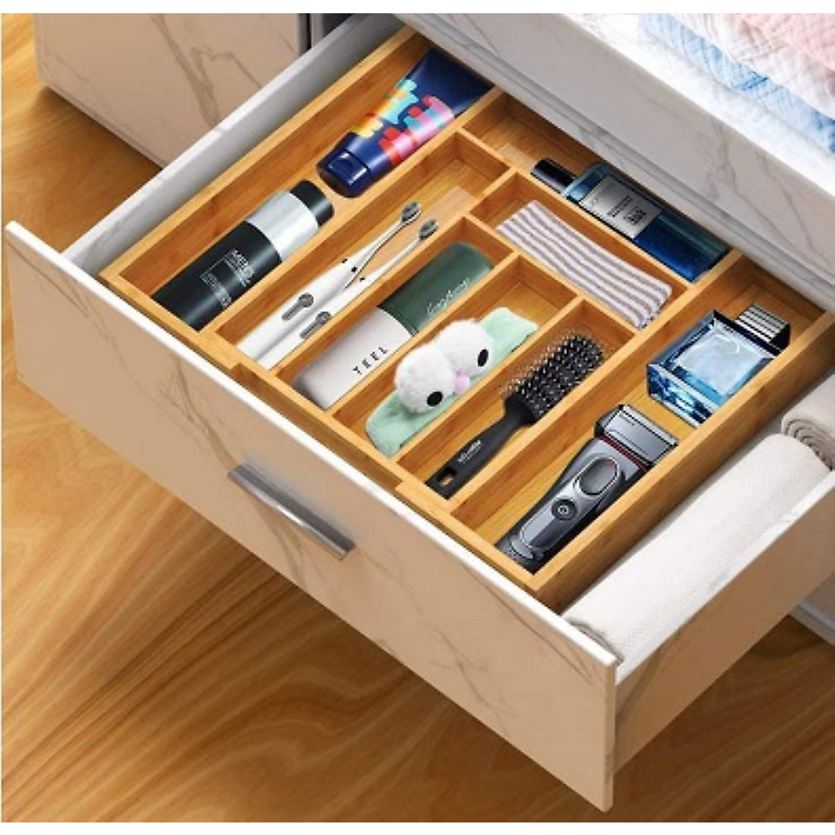 XYMiJiaLe bamboo expandable drawer organizer, bamboo drawer organizer, kitchen drawer organizer, cutlery tray, silverware organizer (6-8 slots) for kitchen, silverware, cutlery and makeup drawers.