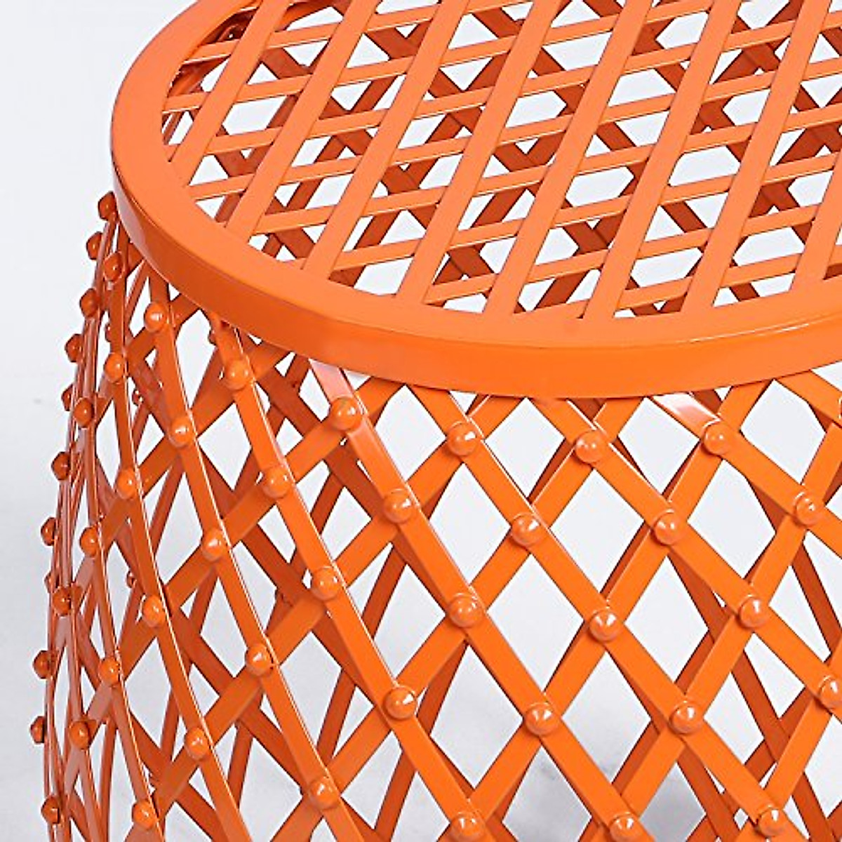 Adeco Hatched Diamond Pattern Home Garden Accents Wire Round Iron Metal Stool Side End Table Plant Stand Chair, Orange Red