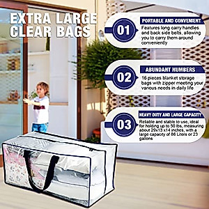 CHUMIA 16 Pieces Heavy Duty Extra Large Clear Storage Bags Backpack Straps Strong Handles Bags Reusable Clear Bags Space Saving Packing Bags for Moving, College Dorm, Traveling, Christmas Decorations