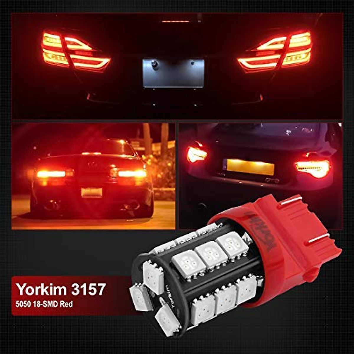 Yorkim 3157 LED Light Bulbs Red Super Bright, 3056 3156 3156A 3057 4057 3157 4157 T25 LED Bulbs for Brake Lights, Backup Reverse Lights, Reverse Tail Lights - Pack of 4